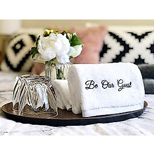 'Be Our Guest' Embroidered White Hand Towels for Bathroom with Gift Box - Set of 2 - Extra Absorbent 100% Cotton Hand Towel Set - 571GSM - 14 x 30 inches - Gifts for Bathroom - Be Our Guest Decor