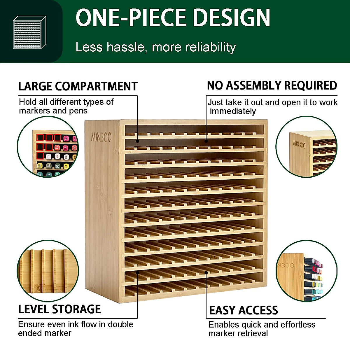 MinBoo Marker Organizer for 144 Markers, Bamboo Art Supply Storage Organizer Rack, Art Markers Pens Colored Pencils Paint Brushes Stationary Organizer Holder for Home Classroom Office Desk Decor