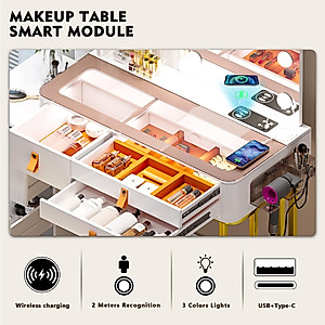Gurexl Vanity Desk with Wireless Charging Station, Dressing Table with Lighted Mirror & 3 Lighting Modes Adjustable Brightness, Glass Top Makeup Vanity Table Set with 6 Drawers & Stool