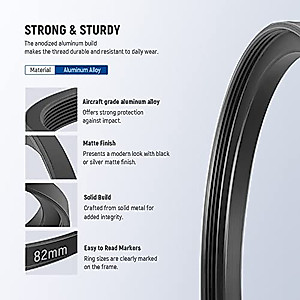 NEEWER 9PCS Camera Lens Step Up Filter Adapter Rings, 37-49, 49-52, 52-55, 55-58, 58-62, 62-67, 67-72, 72-77, 77-82mm Metal Step Up Rings Kit with Anodized Aluminum Threaded Black Frame