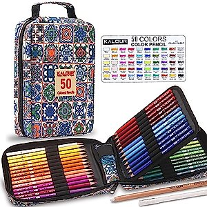 KALOUR Premium Colored Pencils for Adult Coloring Book,Set of 50 Colors,Zipper Slot Pencil Case,with Sharpener,Colorless Blender Pencils,Soft Core,Ideal for Layering Blending,for Artists Beginner