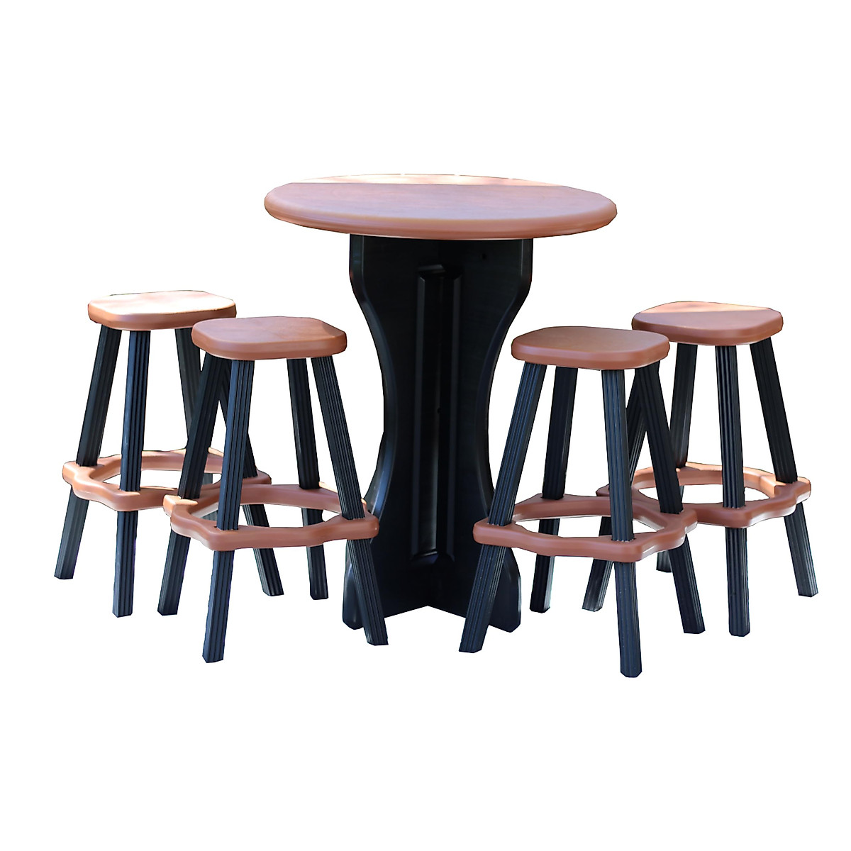 Leisure Accents Patio Table Set with Four Barstools - Black Base with Redwood Accents - Perfect for Patio and Outdoor Spaces. Hardware Free Easy Assembly. Proudly Made in USA