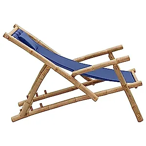 Youuihom Deck Chair Camping Chair Patio Lounge Chair Beach Chairs Garden Chair Bamboo and Canvas Navy Blue Suitable for Balcony, Garden, Patio, Beach, Lawn
