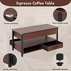 Winkalon Coffee Table, Lift Top Coffee Table with Storage Shelf and Pop up Adjustable Lift Tabletop, 41.7" Wood Coffee Tables for Living Room with 2 Drawers and Hidden Compartment(Espresso Coffee)