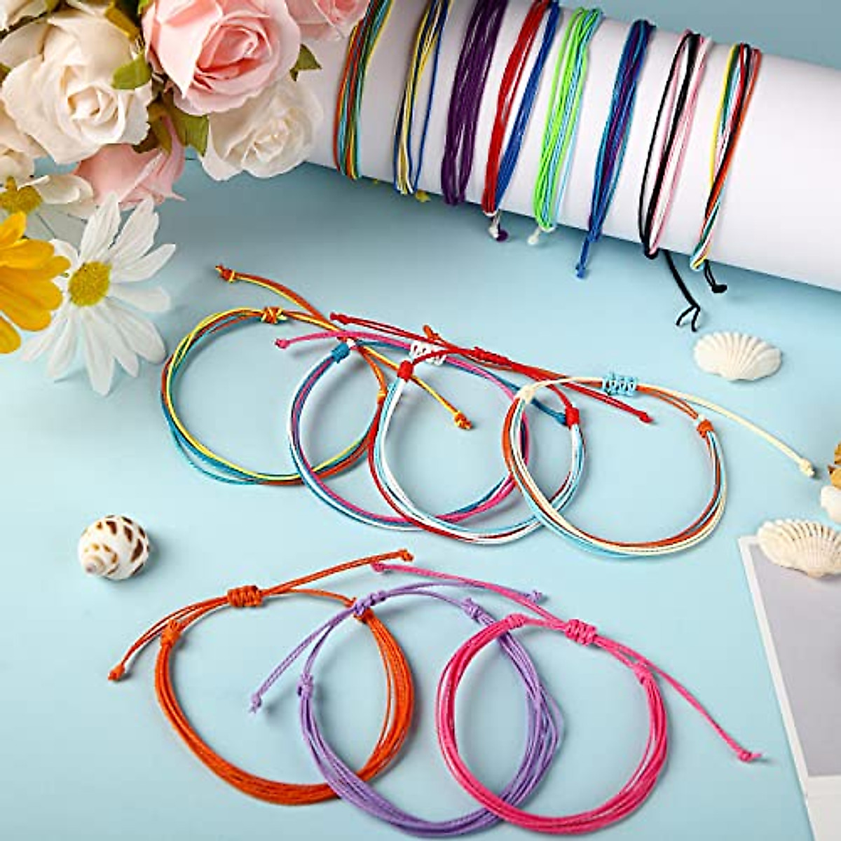 50 Pcs Summer Friendship Bracelets Beach String Bracelets Adjustable Waterproof Handmade Friendship Bracelet Surfer Woven Braided Bracelet Bohemian Wrist Cord for Women Men (Cute Style)