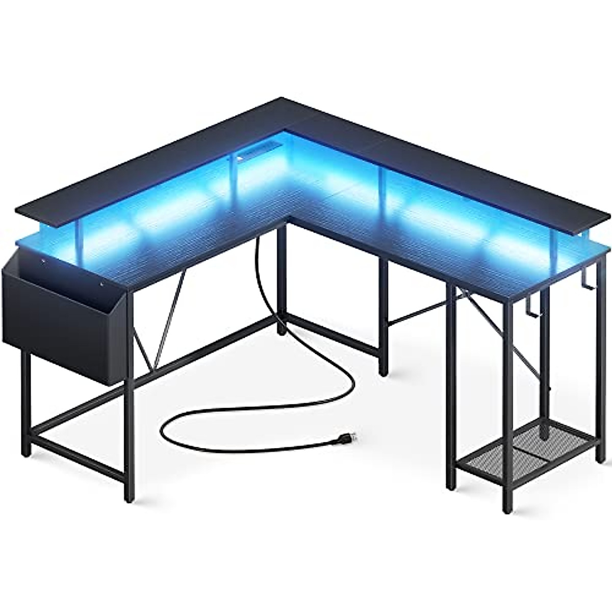 PRAISUN L Shaped Computer Desk with Power Outlets & LED Lights, Corner Gaming Desk with Fabric Storage Bag, Monitor Shelves, Home Office Desk with Hooks, Host Shelf, L Shape Gaming Desk, Black
