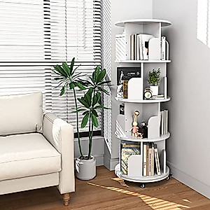 Nidouillet Rotating Bookshelf, 4 Tier Revolving Bookcase with Brake Wheels 360° Display Round Bookshelf Narrow Swivel Corner Book Shelf Standing Bookcase for Adult Bedroom, Living Room - White