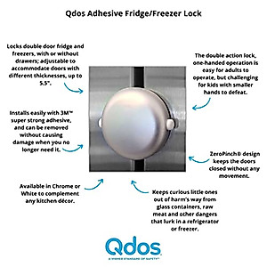 Qdos Adhesive Fridge/Freezer Lock - Easy One Handed Operation - Patented ZeroPinch Design - Unique Modern Design Refrigerator Lock, Chrome, Pack of 1