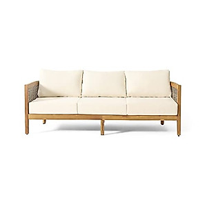 Merax Outdoor Acacia Wood Wicker 3 Seater Sofa, Patio Furniture Conversation Set for Backyard