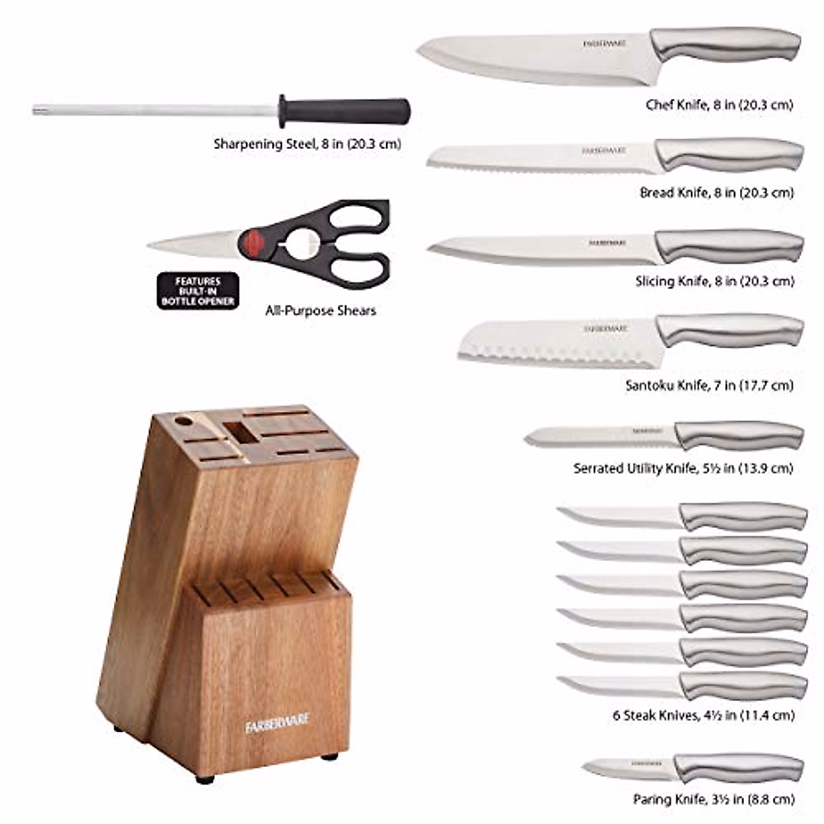 Farberware 15-Piece Stamped Stainless Steel Knife Block Set, High-Carbon Stainless Steel Kitchen Knife Set with Ergonomic Handles, Razor-Sharp Knives with Wood Block, 15-Piece Set, Acacia
