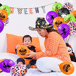 KORHONEN Halloween Balloon, 60Pcs Halloween Party Decorations 12Inch Purple Orange Green Black Confetti Latex Balloons for Halloween Party Supplies