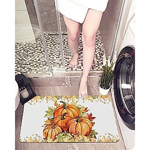 Autumn Pumpkins Bath Mat for Tub,Non Slip Bathroom Floor Runner Rug Quick Dry & Absorbent Diatomaceous Earth Kitchen Room Shower Sink Washable Doormat,Thanksgiving Eucalyptus Maple Leaves 18"x30"
