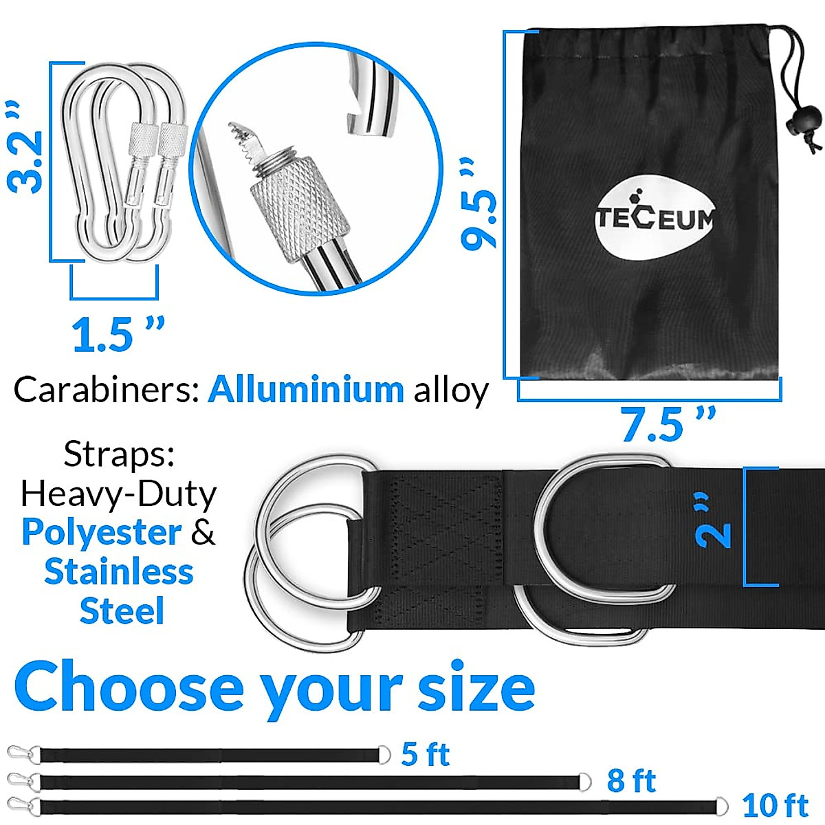 [New 2024] TECEUM Tree Swing Straps Hanging Kit (Set of 2) – 10 ft – Heavy-Duty Camping Hammock Straps (2,000 lbs) – with Safety Lock Carabiners & Carry Bag – for All Swing Types – Outdoors Strap