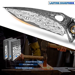 Minowe handmade Japan Damascus steel pocket knife，3.1" VG10 blade men and women Folding knife，With holster，Lining lock，resin and Maple handle，Suitable for EDC outdoor camping，go fishing hunting