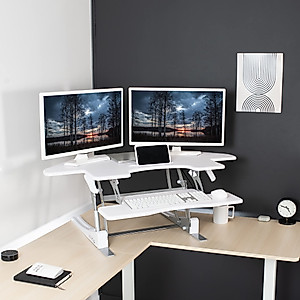 VIVO 43 inch Corner Height Adjustable Cubicle Stand Up Desk Converter, V Series, Quick Sit to Stand Tabletop Dual Monitor Riser Workstation, White, DESK-V000VCW