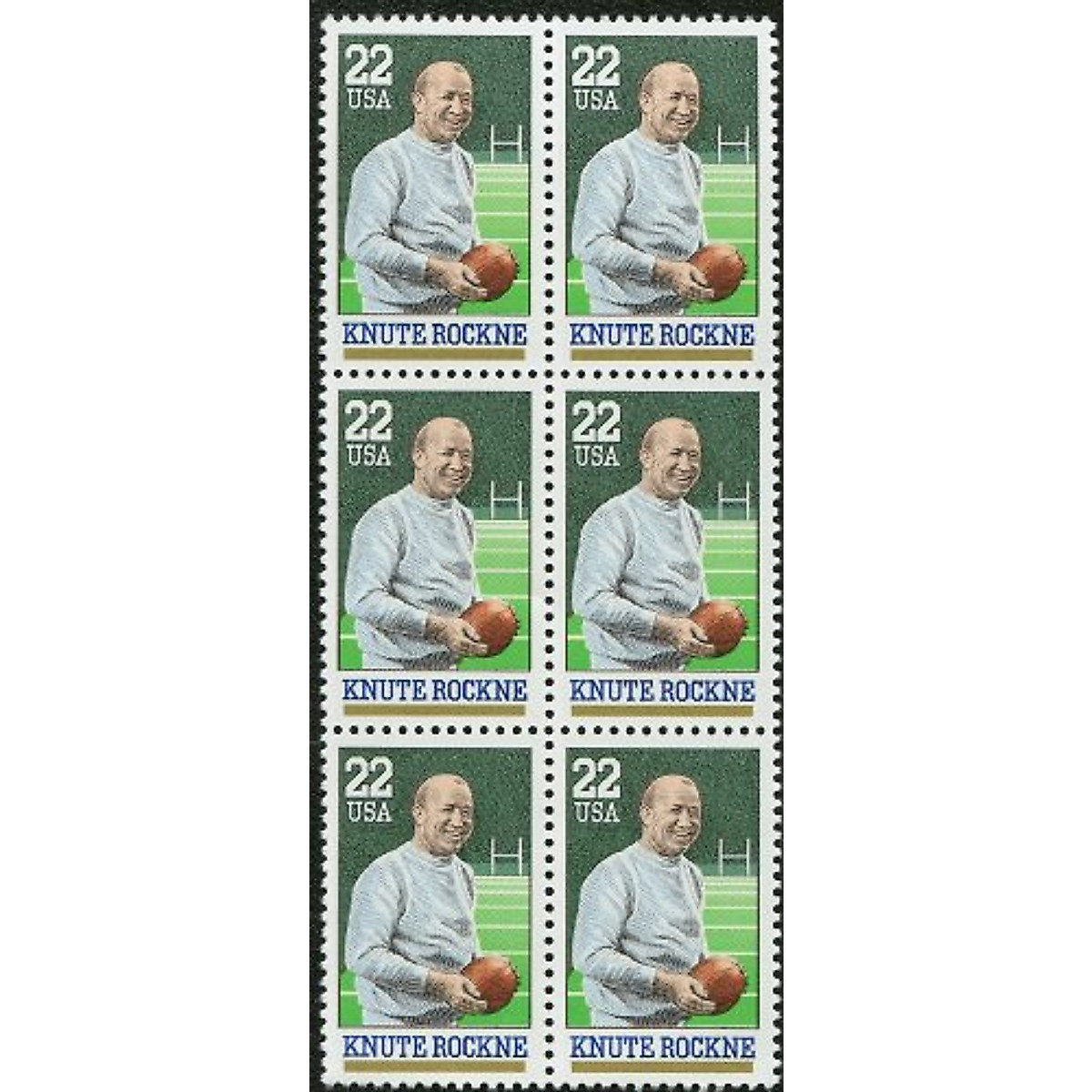 KNUTE ROCKNE ~ NOTRE DAME FOOTBALL #2376 Block of 6 x 22 US Postage Stamps
