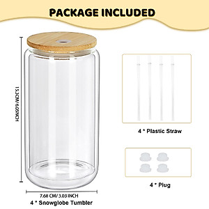 Maucircol 16 Oz Snow Globe Tumbler, 4 Pack Pre-Drilled Sublimation Glass Cup For Glitter Snow Globe Diy, Double Wall Sublimation Glass Tumbler