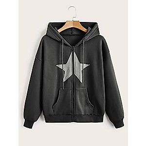 SOLY HUX Women's Zip Up Y2k Hoodies Jacket Star Print Graphic Drawstring Long Sleeve Sweatshirt Dark Grey Star M