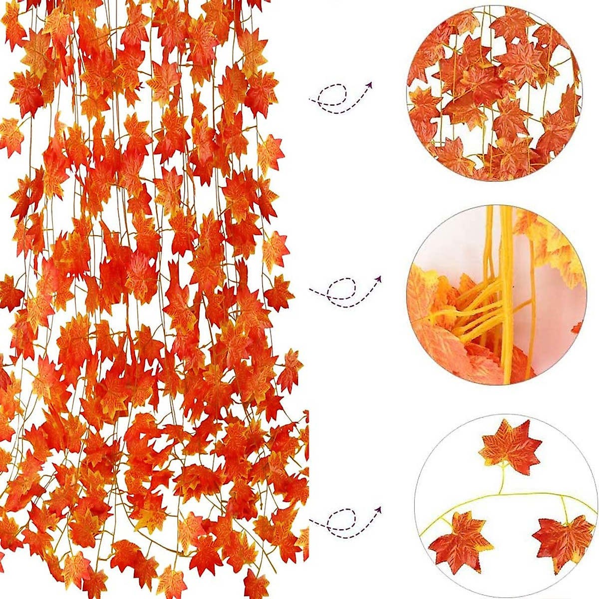 12 Pack Fall Leaves Leaf Garland Hanging Vines Artificial Maple Thanksgiving Decor for Home Wedding Fireplace Party Bedroom Kitchen Restaurant DIY Christmas Table Decorations Flower Garden