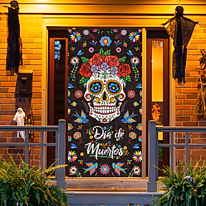 3 Pieces Day of the Dead Porch Sign, Mexican Dia De Los Muertos Party Door Decorations, Day of the Dead Sugar Skull Door Banner for Halloween Home Bathtub Birthday Fiesta Party, 11.8 x 70.9 Inches