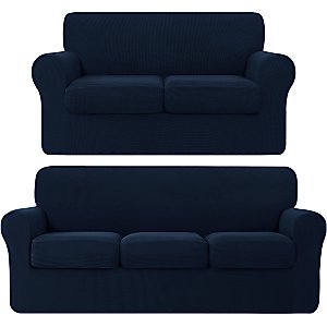 CHUN YI 3 Pieces Stretch Loveseat Sofa Cover Bandles 4 Pieces Stretch Sofa Cover, Washable Soft Sofa Slipcover with Separate Seat Cushion Covers, Dark Blue