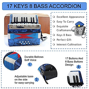 Small Accordion,17 Keys 8 Bass Accordion Instrument Para Niños Acordeones Para Niños With Adjustable Straps And Softer Sound Portable Educational Musical Instrument For Music Beginner 7.8x7.5x3.9in