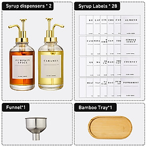 Coffee Syrup Dispenser for Coffee Bar, Coffee Syrup Pump Dispenser, Glass Syrup Bottle with Gold Upgraded Pump, 2 Pack 16.9 oz 500 ml Syrup Dispensers, 28 Labels and Bamboo Tray
