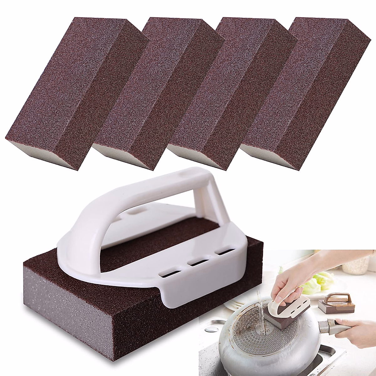 ApTimcity Nano Carborundum Sponge,4/8pc Emery Sponge Kitchen Pot Brush with Handle,Magic Eraser Scrub Kitchen Removal Sponge for Quickly Clean,Wet Dry Sanding Sponges