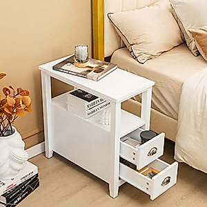 Giantex End Table Wooden W/ 2 Drawers and Shelf Space-Saving Rectangular Bedside Table with Metal Handle, Retro Side Table for Living Room Bedroom Home Furniture Side Table (1, White)