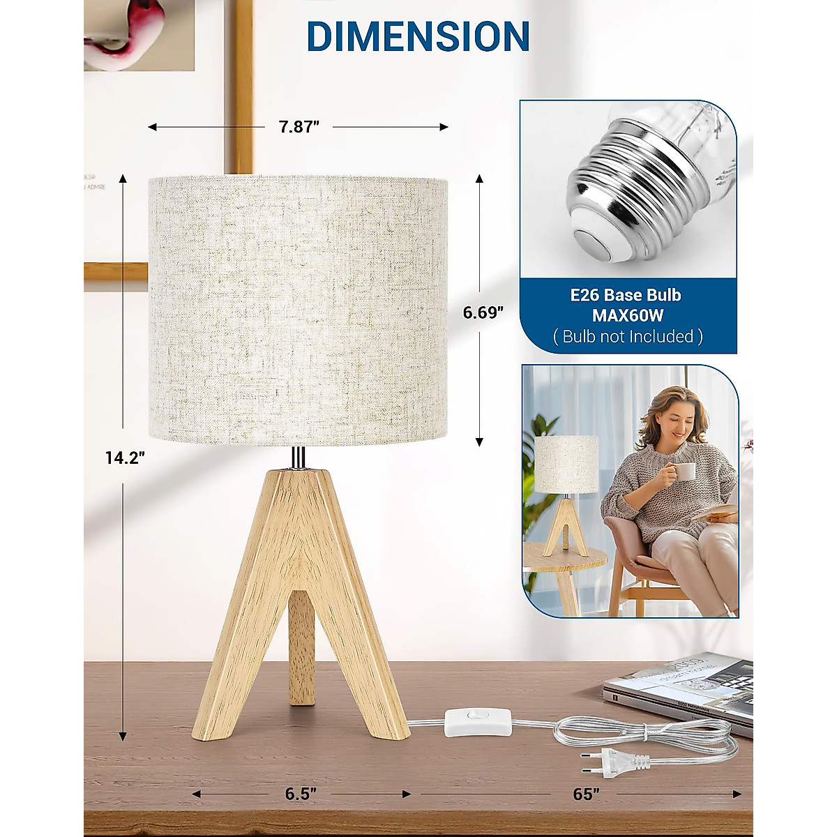 DEWENWILS Small Table Lamp, Boho Bedside Lamp with Linen Fabric Shade, Wood Tripod Nightstand Lamp for Living Room, Nursery, Bedroom, Kids Room, Side Table, 14.2 Inch, ON/Off Switch