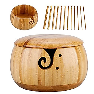 Durable Wooden Yarn Storage Bowls with Lid & 12 pcs Bamboo Handle Crochet Hook, Wood Yarn Knitting Holder Basket for Crocheting for Wool Ball, Handmade Craft Crochet Kit Organizer