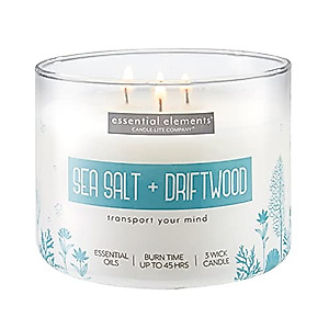 Essential Elements by Candle-lite Scented Candles, Sea Salt & Driftwood Fragrance, One 14.75 oz. Three-Wick Aromatherapy Candle with 45 Hours of Burn Time, Off-White Color