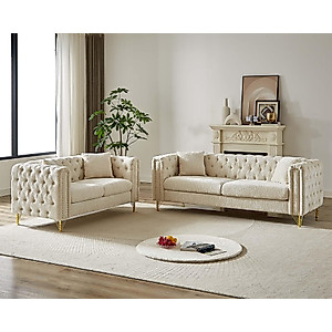 Antetek 2 Piece Living Room Furniture Sets, Modern Chenille Couch and Loveseat Sofa Set, Upholstered Buttons Tufted 3 Seater Sofa Couches W/Copper Nail for Living Room, Bedroom, Beige