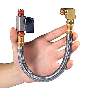 Breezliy Extended Tank Drain Valve Assembly Kit,10 Inch Braided Steel Hose 1/4 Inch NPT Drain Valve and Elbow Fitting for Air Compressor with Two Extra 1/4" to 3/8" Brass Adapter and Thread Seal Tape