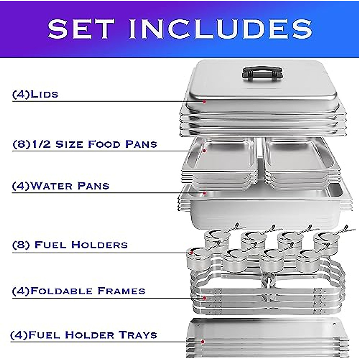 Chafing Dish Buffet Set (4 Pack) Chafers 8QT Buffet Servers And Warmers, Chaffing Servers With Covers, Catering, Chafer, Folding Stand, Food Warmer For Parties Buffets