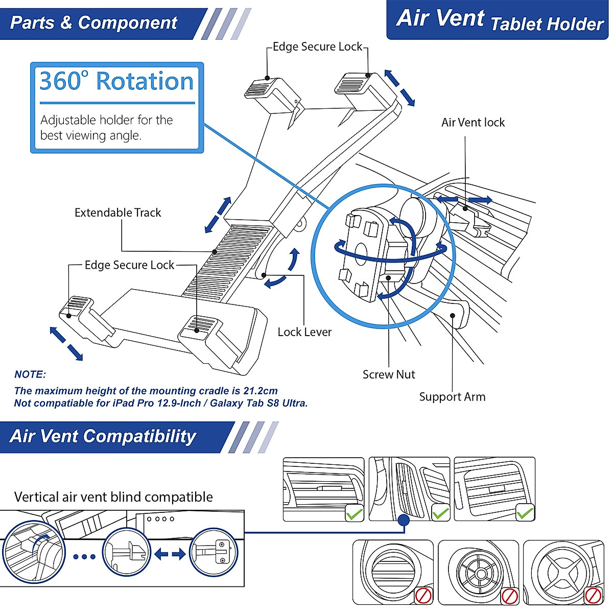 Randconcept - Car Air Vent Tablet Holder Car Mount, Universal Tablet Stand Car Mount Compatible with 7" - 10" Tablets iPad Pro Mini Air 2 Galaxy Tab Z Fold Kindle