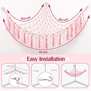 Lewondr Stuffed Animal Hammock, Dense Stuffed Animal Net or Hammock with Transitional Fringes, DIY Ribbons Great Decor Stuffed Animal Storage, 138'' Star Light String, 39'' x 39'' x 59, Pink