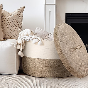 noonkty Blanket Basket, 21.7"X21.7"X13.8" Cotton Rope Basket, XXL Large Basket with Handle, Blanket Basket Living Room, Stuffed Toy Basket, Laundry Basket, Storage for Towels Pillow, Brown (with Lid)