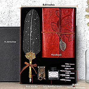 Jubapoz Feather Pen Quill Pen and Ink Set Antique Calligraphy Pen Ink Dip Pens with Refillable Notebook for Writing, Drawing, Signatures, Wedding, Birthday Gifts, Retro Decoration (8 Nibs-Black)