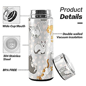 CaTaKu Pink Hearts Cats Water Bottle Insulated 16 oz Stainless Steel Flask Thermos Bottle for Coffee Water Drink Reusable Wide Mouth Vacuum Travel Mug Cup