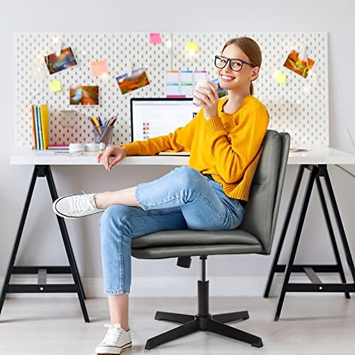 LEMBERI PU Leather armless Office Desk Chair no Wheels,Criss Cross Legged Home Office Chair, Wide Padded Swivel Vanity Chair,120°Rocking Mid Back Ergonomic Computer Task Chair for Make Up,Small Space