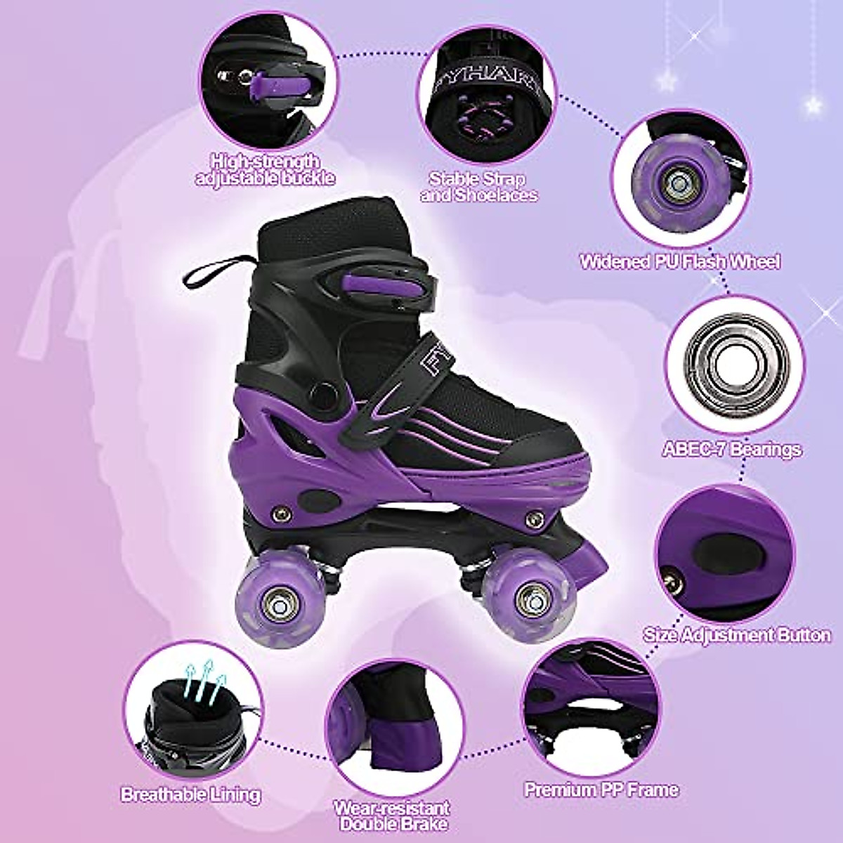 SYXKJ Roller Skates for Girls 8 Wheels Light Up Fun Illuminating Kids Roller Skates Happy Childhood Kids Skates 4 Sizes Adjustable (Big Kids 1-4)