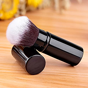 RN BEAUTY Retractable Kabuki Brushes Foundation Brush Powder Brush Blush Brush Extensible Makeup Brush Face Blender Brush Professional Mineral Blending Buffing Concealer Brush Aluminum Case Portable With Cover (Round Top, Black)