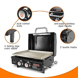 QuliMetal Portable Griddle Flat Top Grill 22 Inch Table Top Grill with Hood 2 Burner Gas Grill Propane Grill with Carry Bag Outdoor Griddle Camping Griddle 24,000 BTU 348 Sq 304 Stainless Steel
