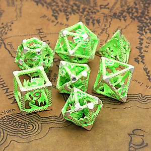 HNCCESG Glow DND Dice Hollow Polyhedral Dragon Metal Dice Set Luminous RPG D&D Dice for Dungeons and Dragons Role Playing MTG Table Games Pathfinder Warhammer Shadowrun (3D Green Light)