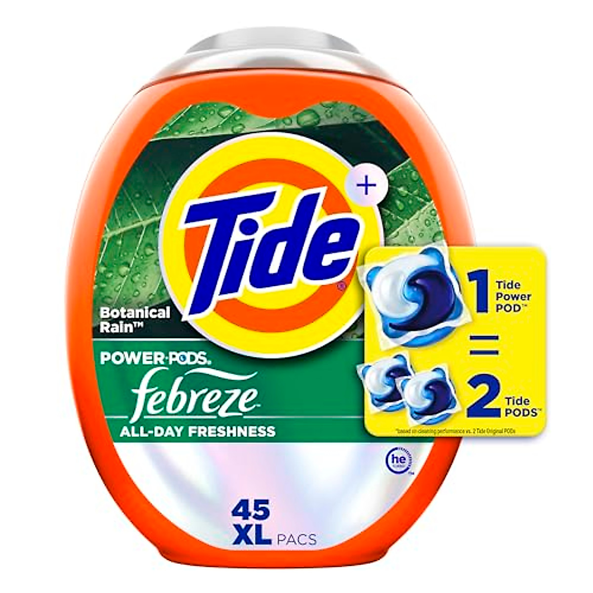 Tide Power Pods Laundry Detergent Pacs with Febreze Freshness with Odor Eliminators, Botanical Rain Scent, 45 Count