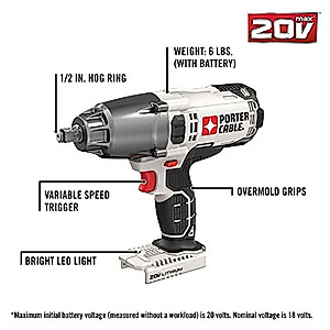 PORTER-CABLE 20V MAX* Impact Wrench, 1/2-Inch, Tool Only (PCC740B)