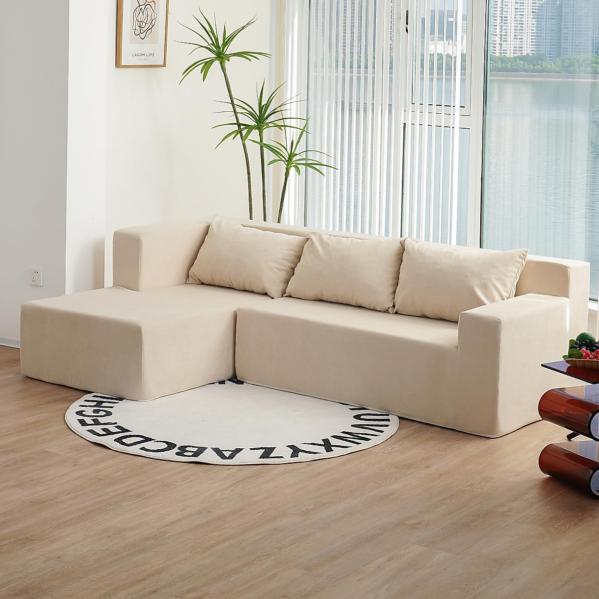 Dolonm Convertible Sectional Sofa Couches, 3 Seat L Shaped Modular Sofa for Living Room Bedroom, 86.6 inch Foam Couch with Chaise, Comfy Minimalist Furniture Set for Apartment, Beige