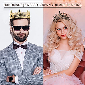 Ferraycle 2 Pcs Crowns for Men Women King Royal Crown with Black Rhinestone Crystal Queen Royal Round Crown Halloween Medieval Princess Costume for Wedding Homecoming Prom Party Decorations