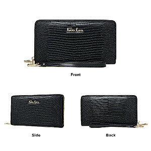 Leather Wallets for Women, Split Cowhide Crocodile Skin Pattern Gift Box Packaging Ladies Fashion Clutch Purses with Wristlet Womens Zipper Long Wallets Women's Credit Card Holders (Black)
